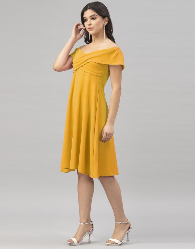 Rust Mustard Yellow Coloured Knitted Lycra Dress | Leemboodi