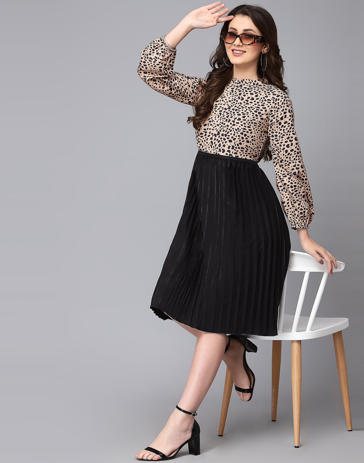 Beige & Black Polyester Pleated Dress | Leemboodi