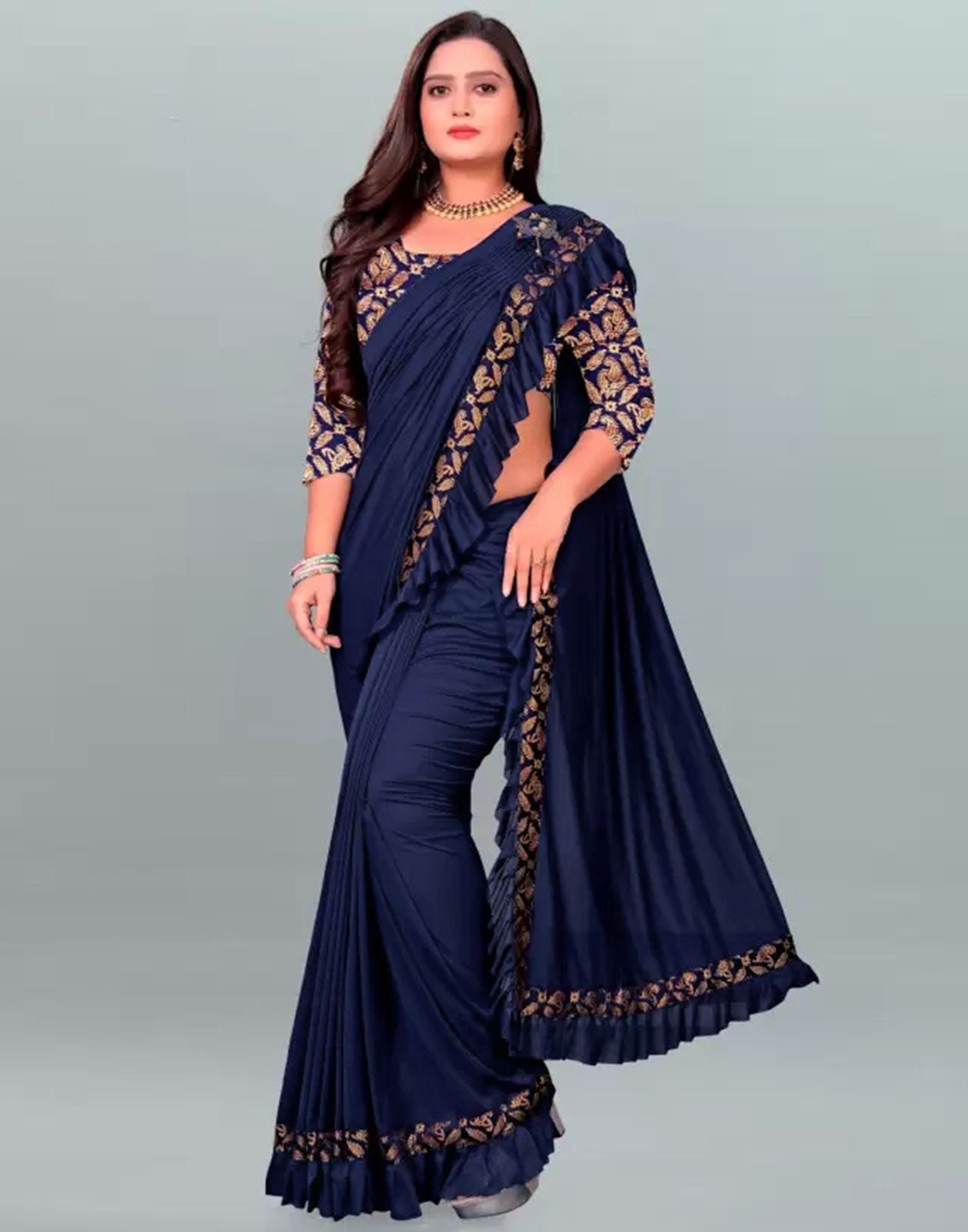 Navy Blue Plain Pre-draped Saree | Leemboodi