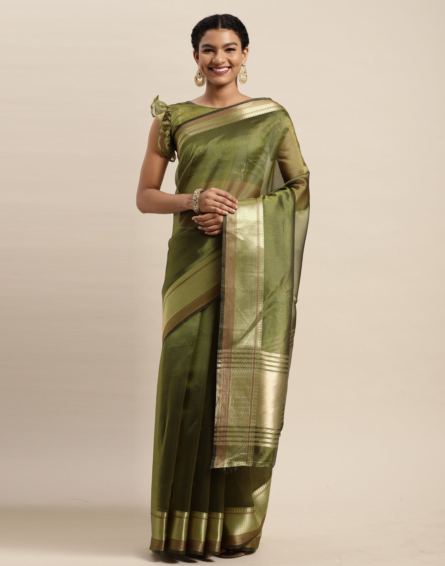 Olive Green Organza Saree | Leemboodi