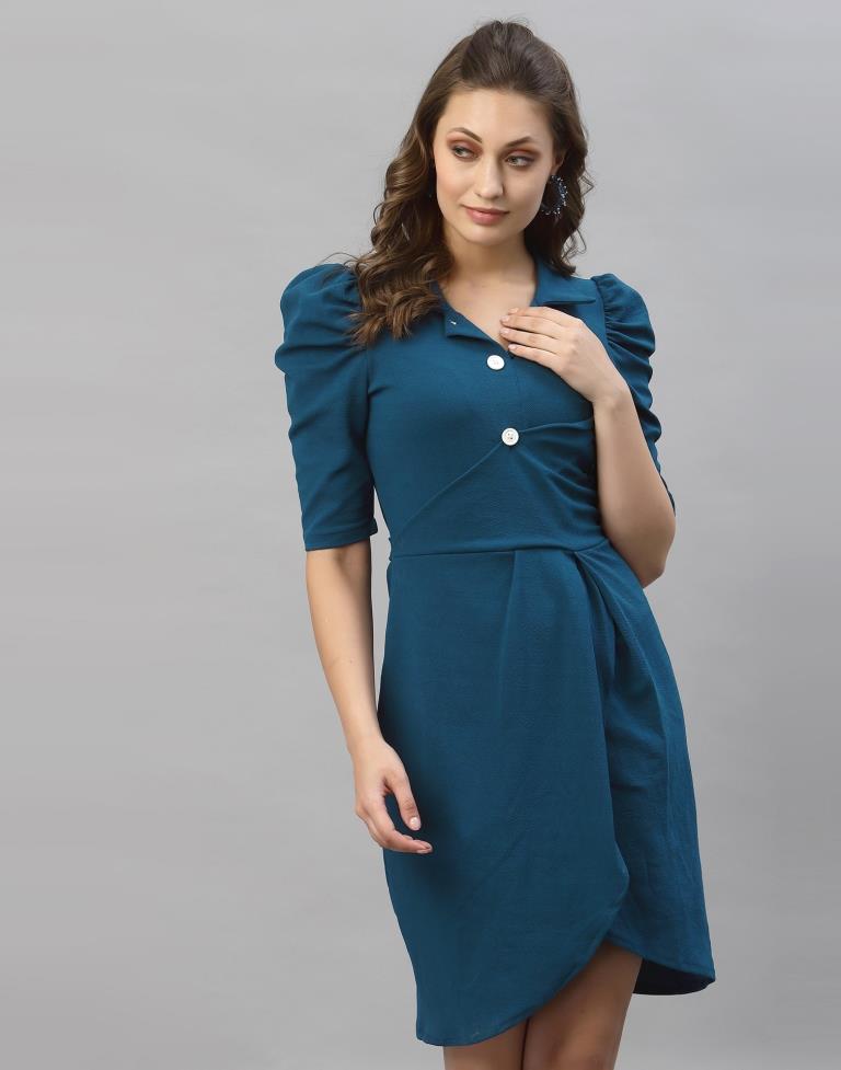 Prussian Blue Puff Sleeve Collared Dress | Leemboodi